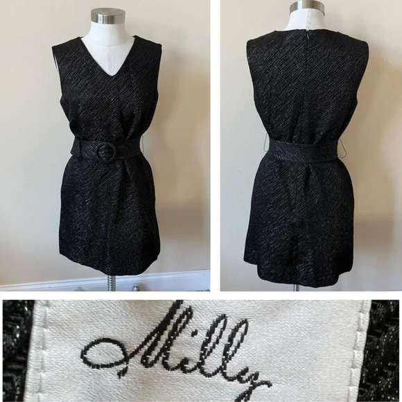 Milly | Dresses | Milly Of New York Wool Blend Black Metallic Belted ...